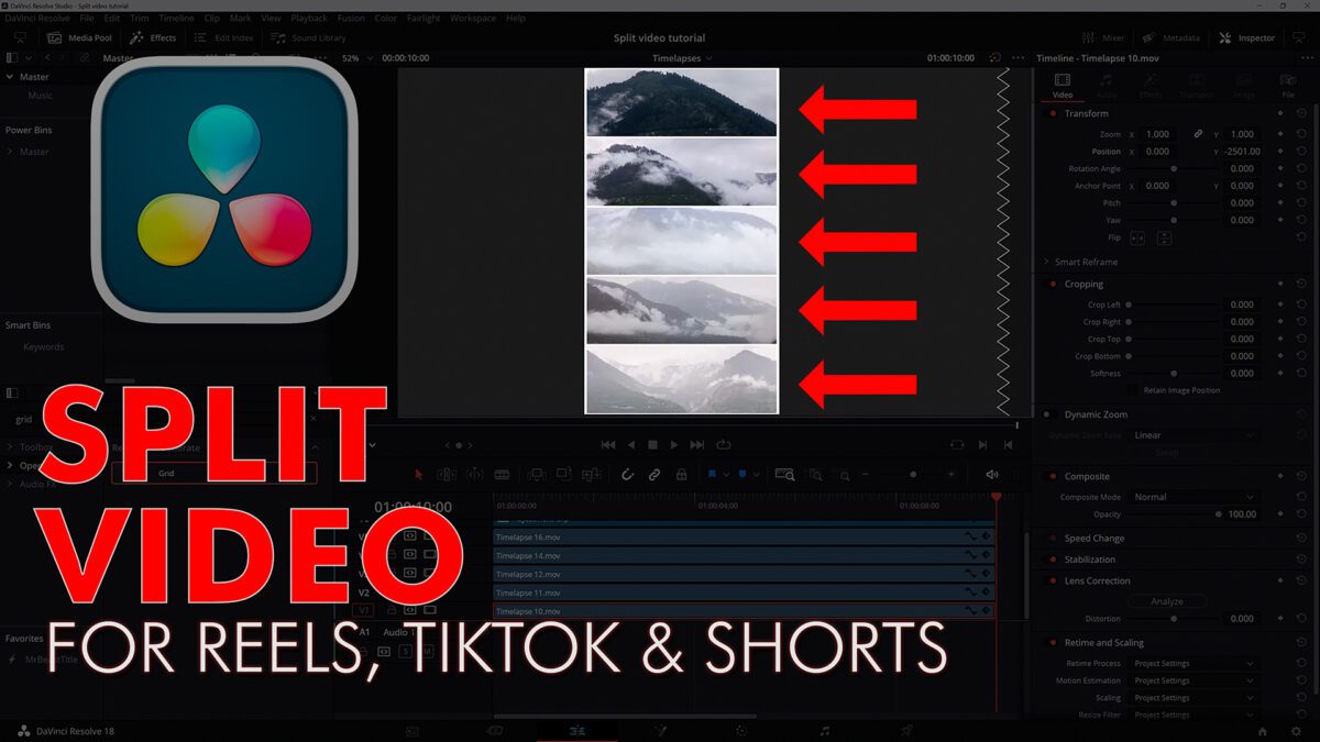 Super simple Split video Tutorial in Davinci Resolve for Instagram Reels, TikTok and YouTube Shorts